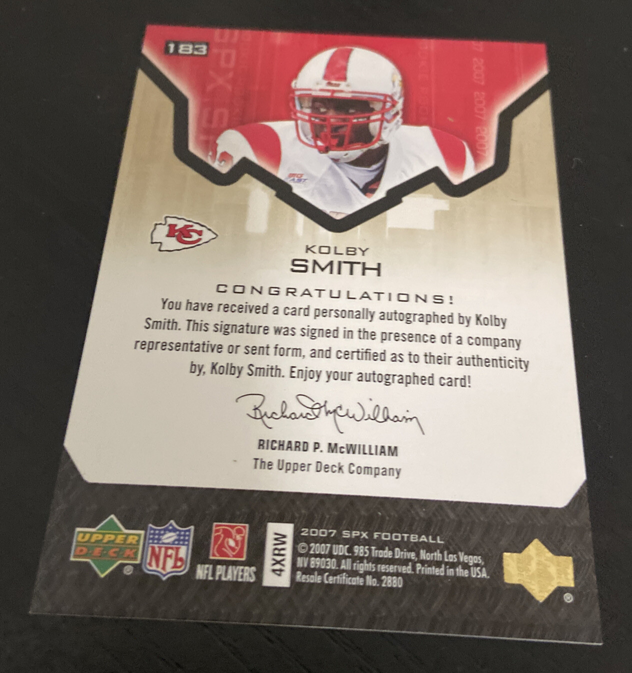 2007 SPx Football Rookies Kolby Smith RC Rookie AUTO Gold /199 ...