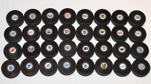 HOCKEY PUCKS ALL 32 NHL TEAMS Small Logo Autograph Set InGlasCo Full ...