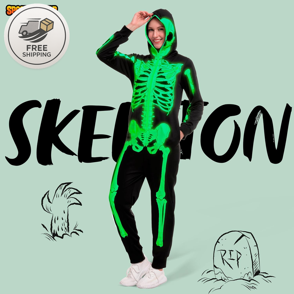 Halloween Skeleton Pajama, Adult Skeleton Costume,One-Piece Jumpsuit ...