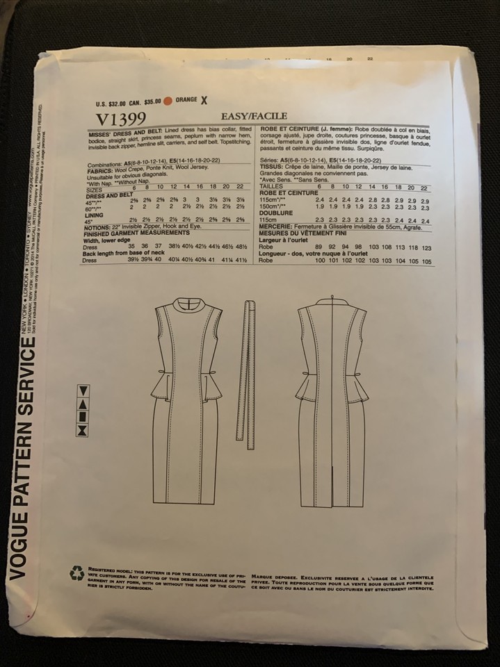 VOGUE PATTERN 1399 DRESS DESIGNER MISSES SIZE 6 8 10 12 14 Badgley ...