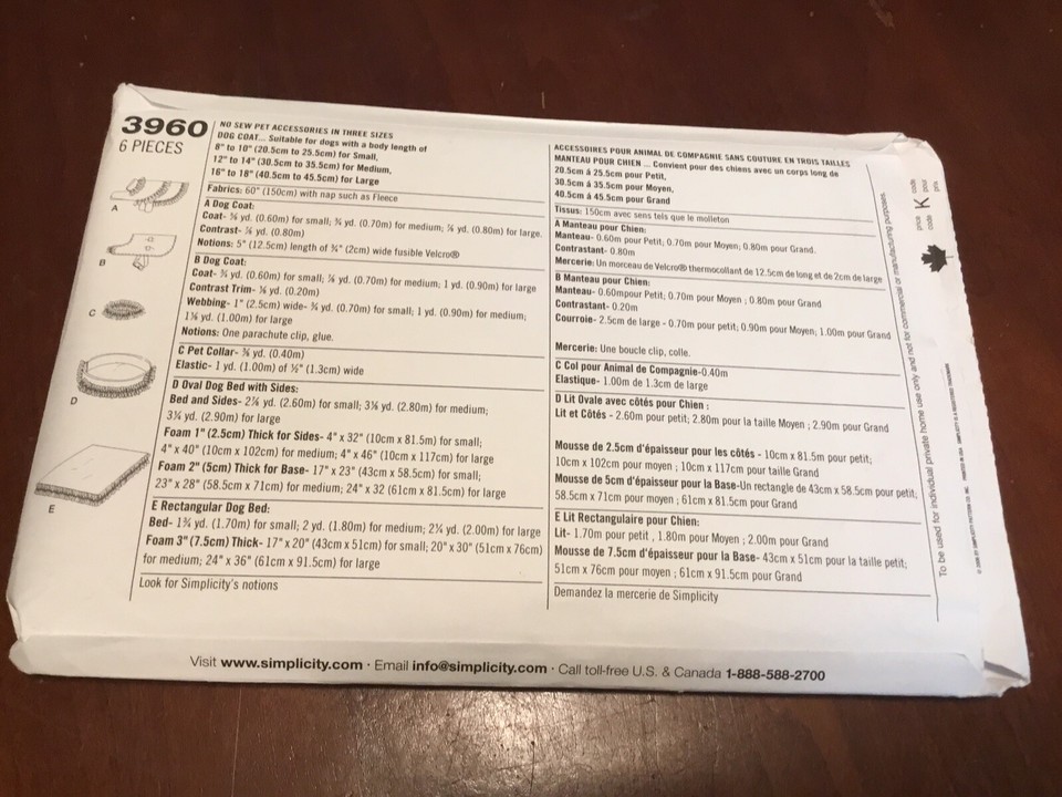 Simplicity Sewing Pattern 3960 No Sew small to Large Dog Clothes Bed FF ...