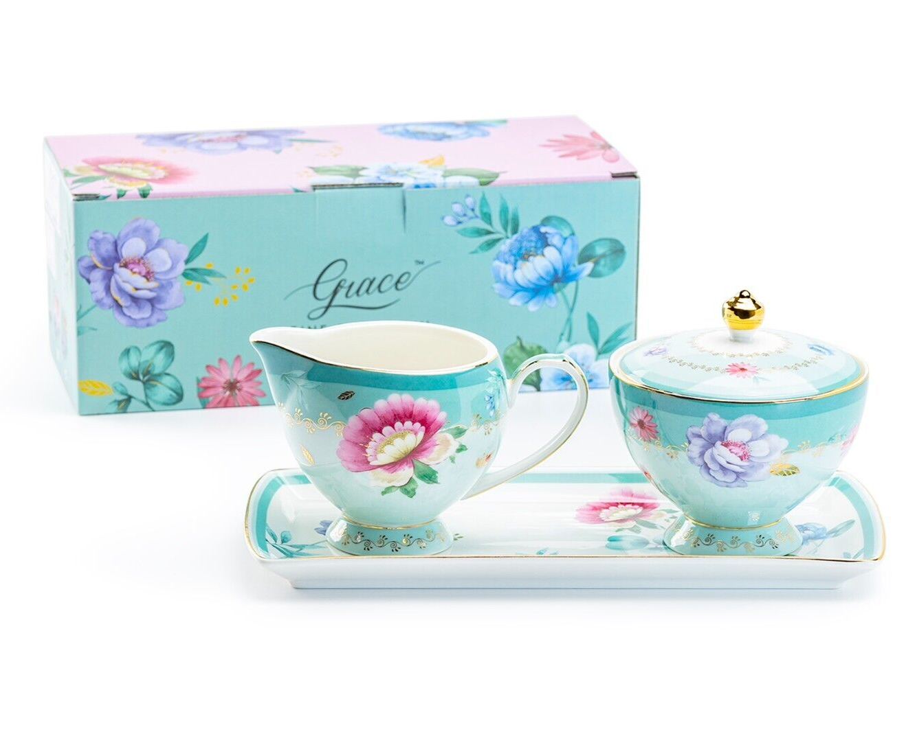 Grace Teaware Gift Boxed Mint Flower Fine Porcelain Sugar Creamer Tray ...
