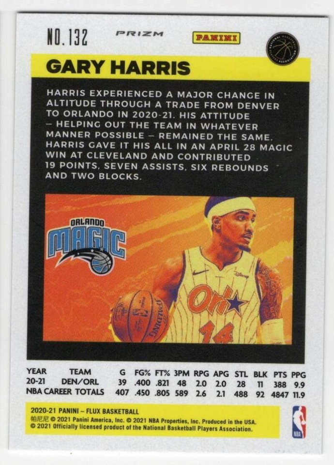 GARY HARRIS 2020-21 Panini Flux Red Cracked Ice Prizm #132 NBA Magic ID ...