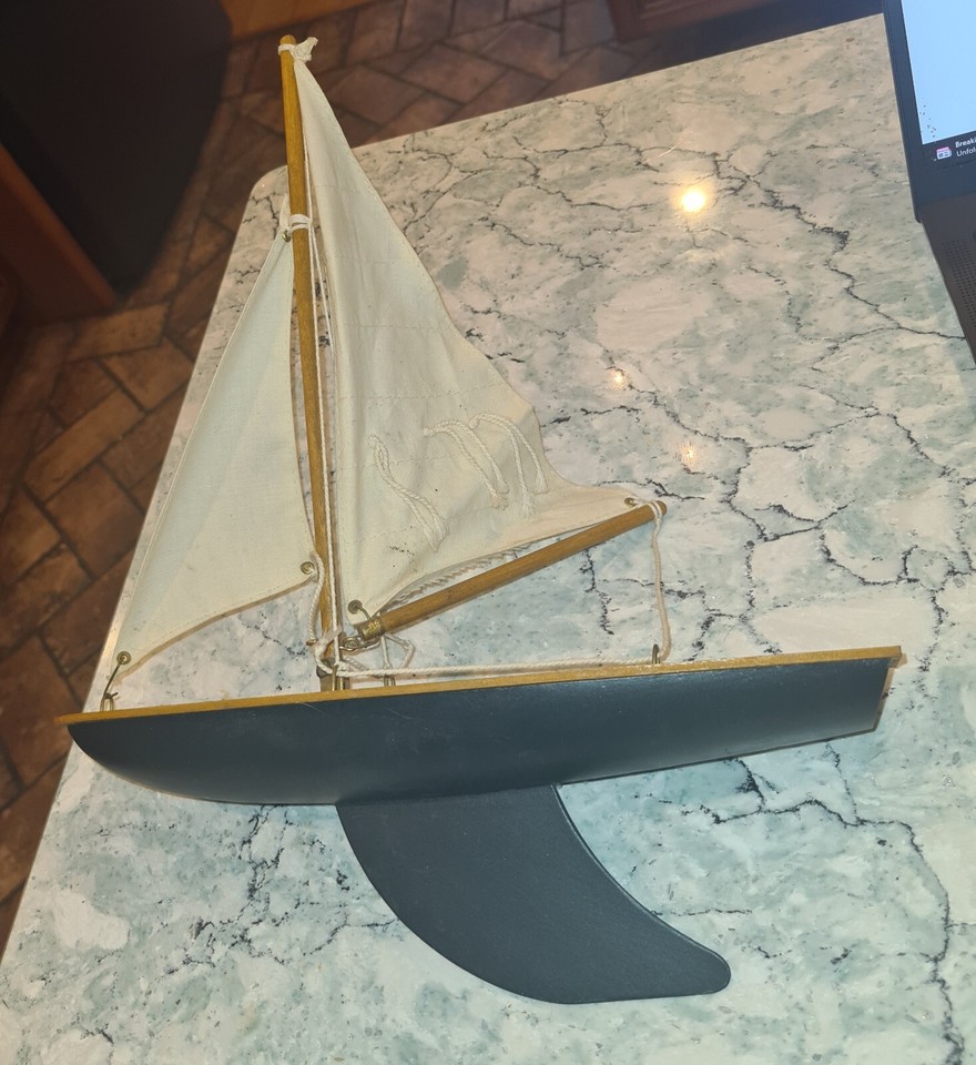 Vintage Pond Sailboat Cloth Sail Wood Body Metal Keel 12.5" Near Mint+ ...