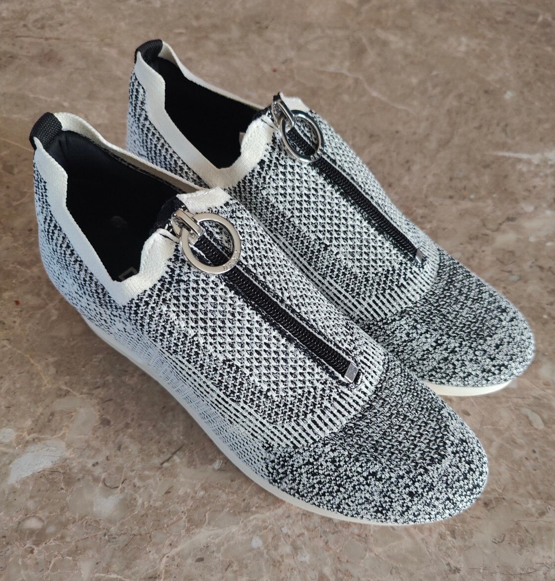 DKNY Black & White Knit Wedge Comfort Shoe with Zippe… - Gem