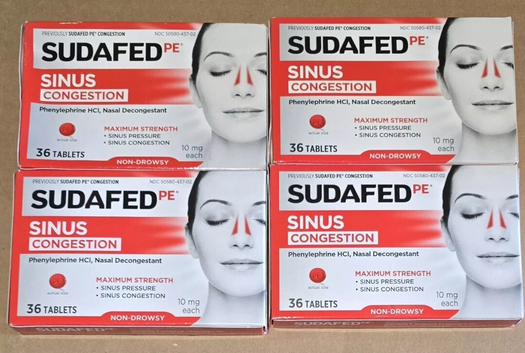 4 Boxes Sudafed PE Maximum Strength Non-Drowsy Sinus Decongestant 36 ct ...