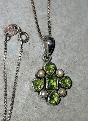 Vintage 925 Sterling Silver Genuine Peridot-Pearl Pendant/Necklace-18 ...