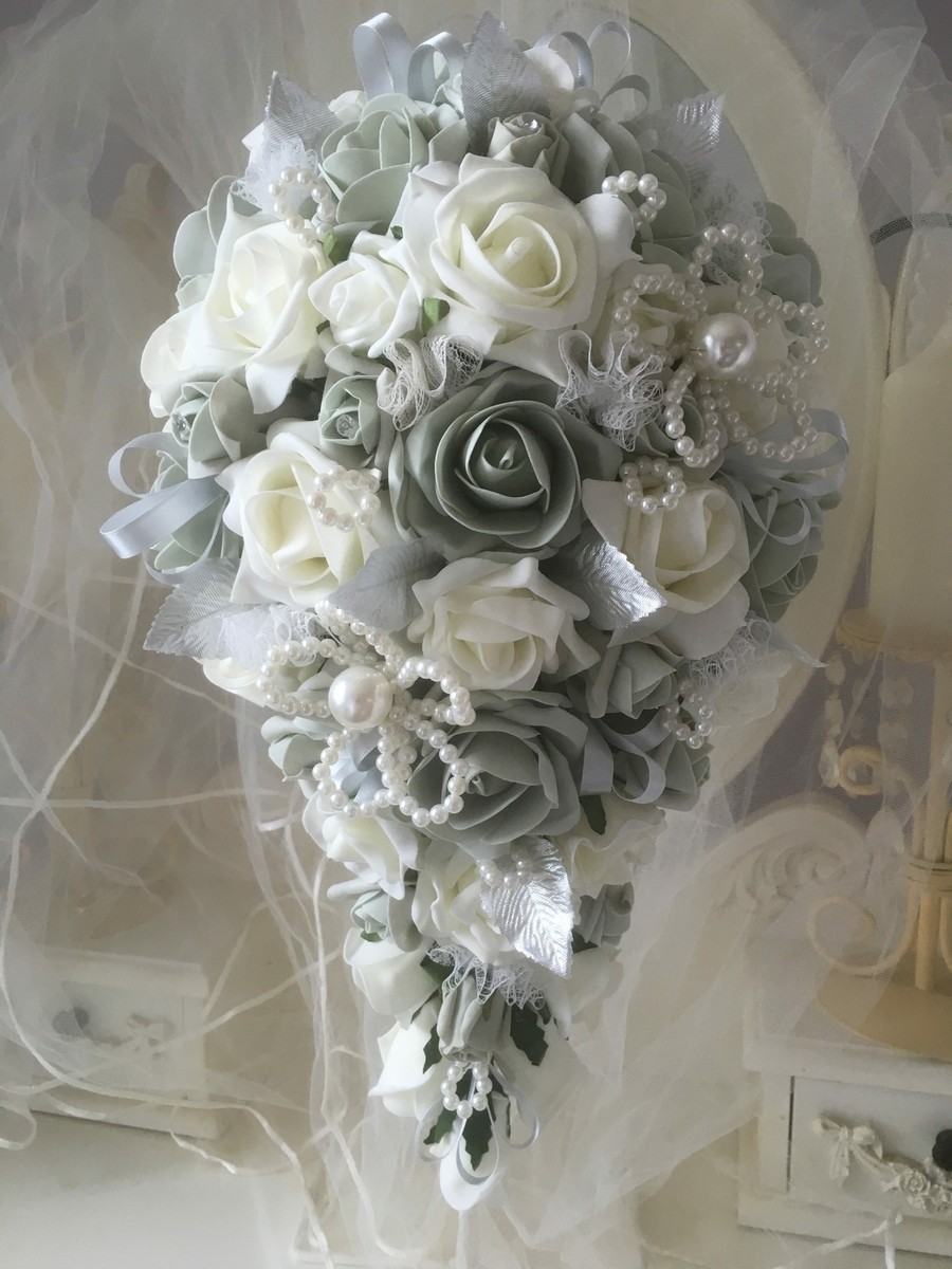 Silver Wedding Flowers Bridal Bouquet White Bridal Bouquet Silver