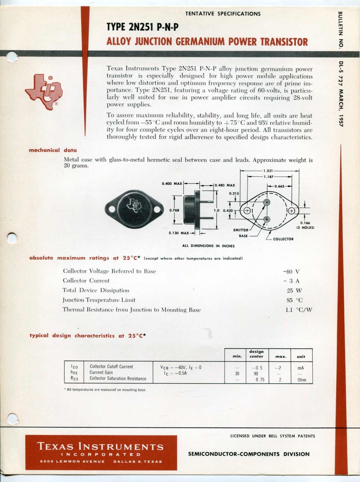 1957 Vintage TEXAS INSTRUMENTS Transistor Spec Sheet: TYPE 2N251 | eBay