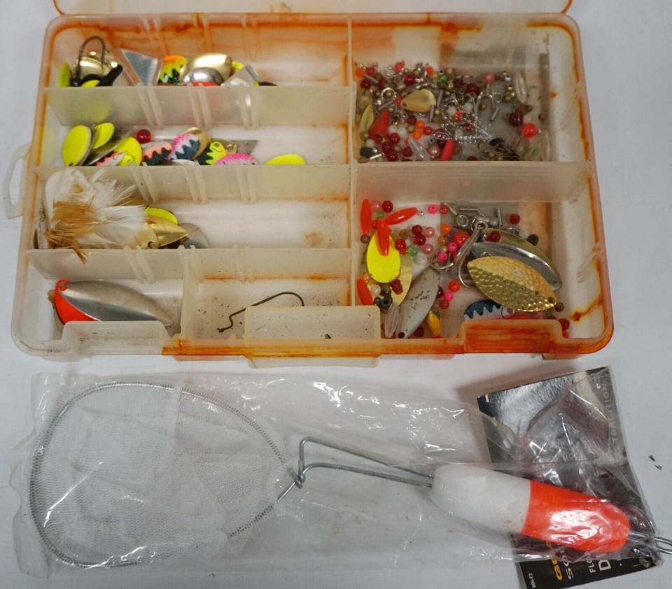 Loaded Tackle Box Hooks Bait Box Hook Remover Dip Net Spinners Fluke ...