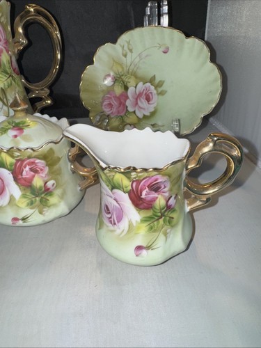 8 Vintage Lefton Hand Painted China Tea Set Pink Roses Green W/ Gold ...
