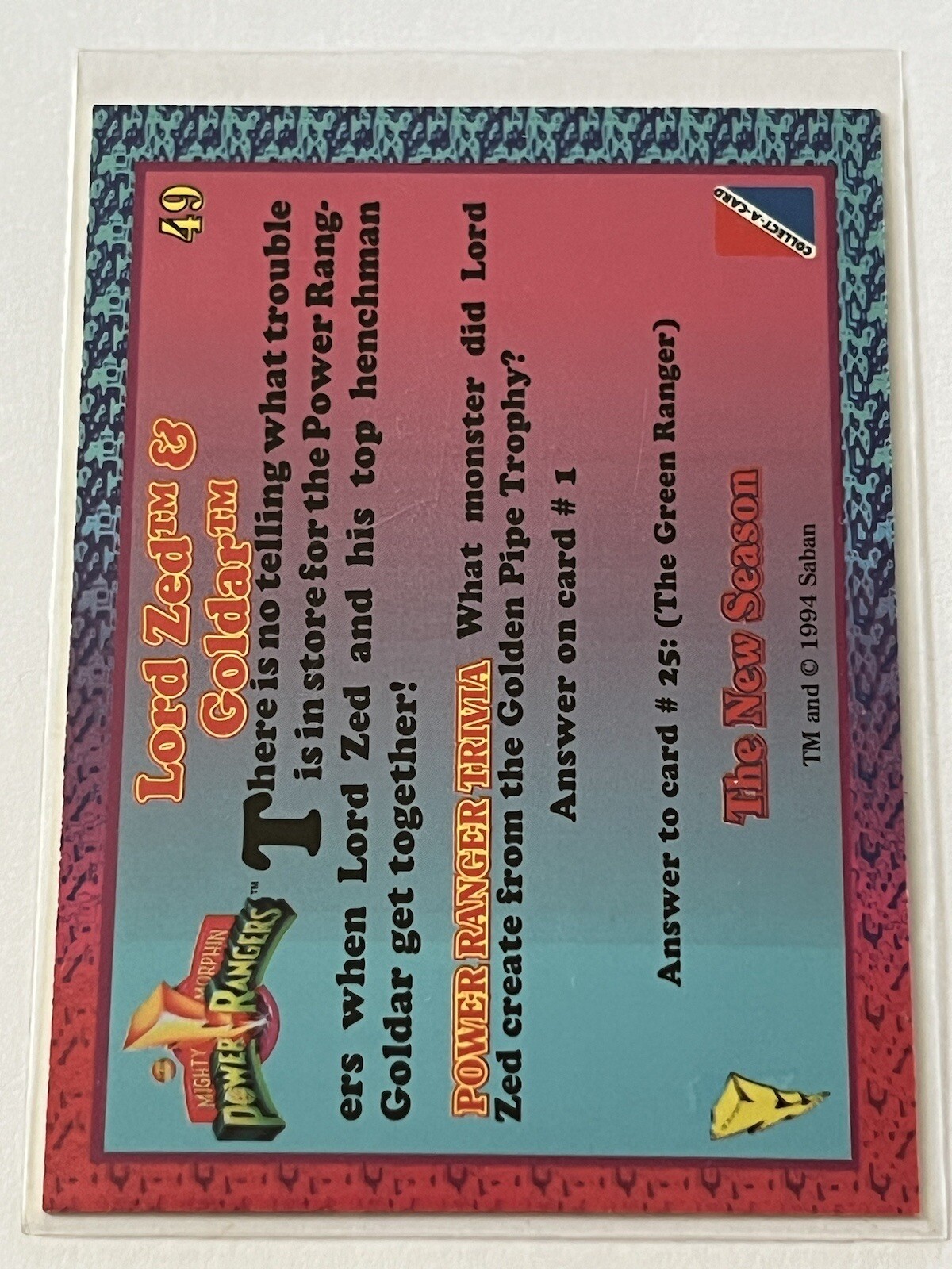Power Rangers Lord Zed & Goldar 49 Saban Collect A Card 1994 NM MT 8.5 ...