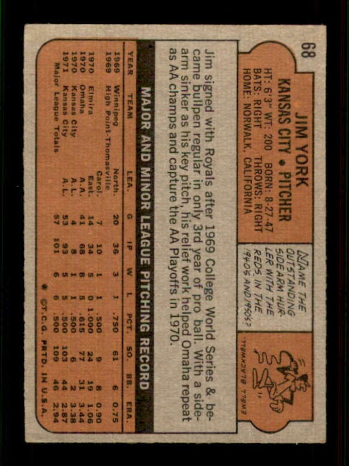 1972 Topps #68 Jim York VG-VGEX RC Rookie Royals 511166 | eBay