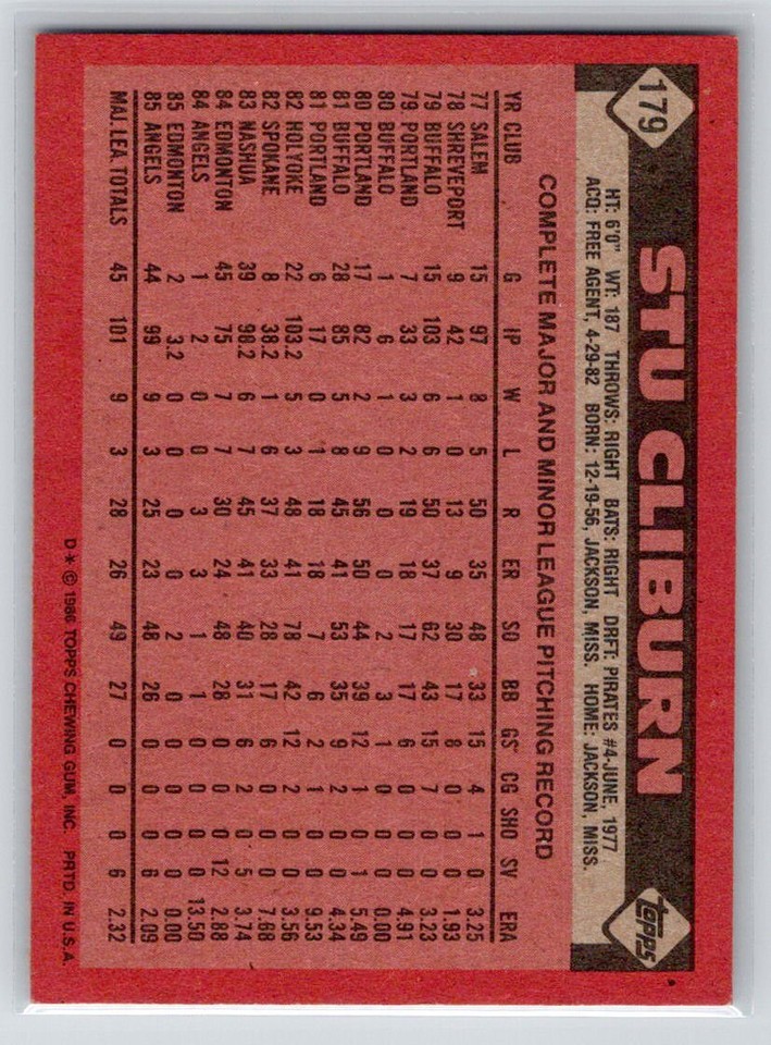 Stu Cliburn 1986 Topps #179 RC California Angels | eBay