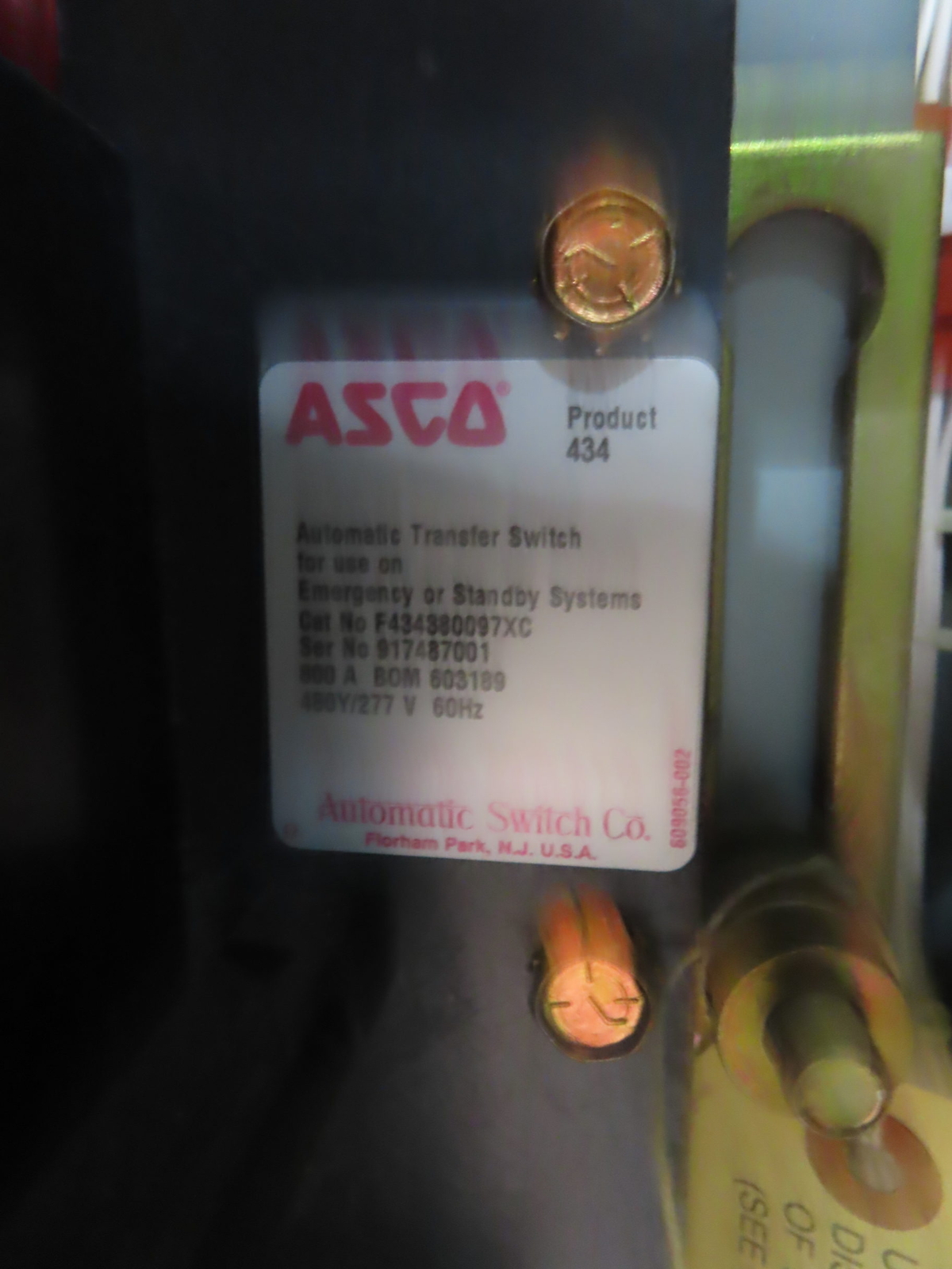 ASCO 434 AUTOMATIC TRANSFER SWITCH F434380097XC 800A 480Y/277V 1YEAR ...