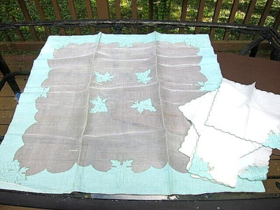 VTG Madeira Organdy & Linen Tea Card Tablecloth 4 Cocktail Napkins Aqua ...