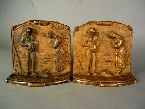 Pair Copper Clad Cast Iron "THE ANGELUS" Bookends, Farmers Praying for ...