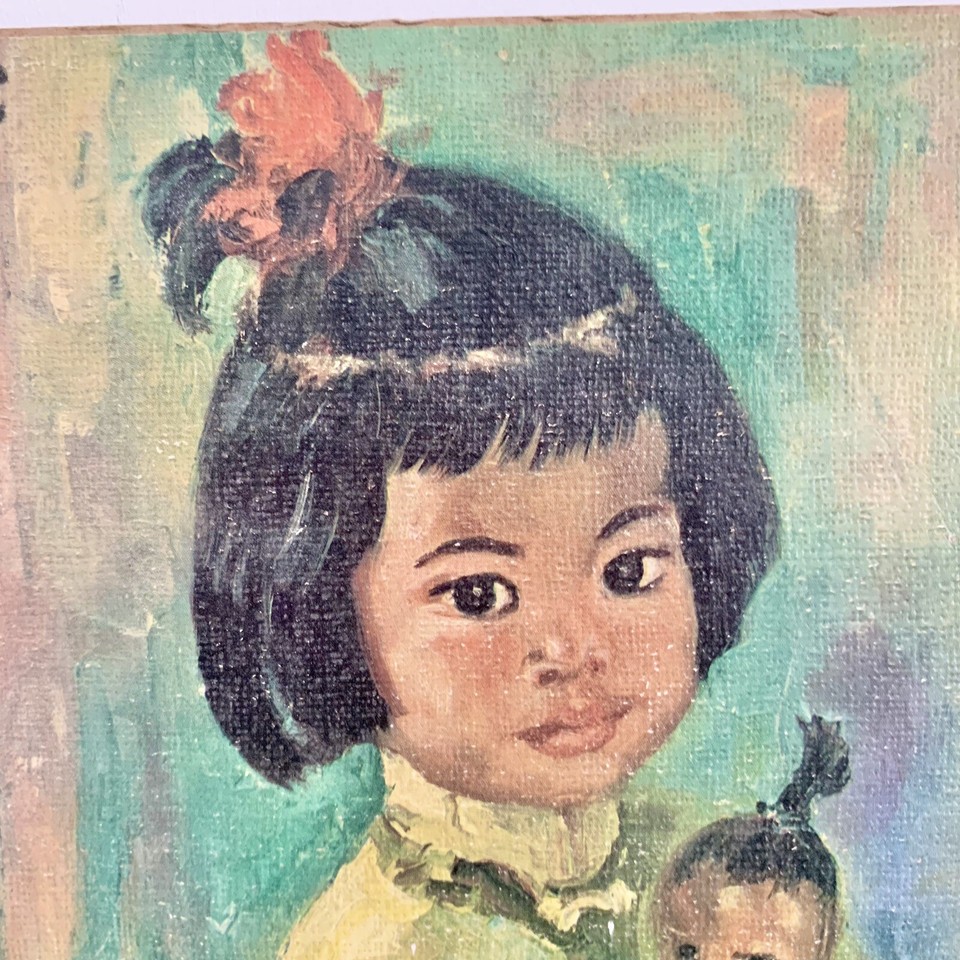 Vintage Soulet Print 1960s Art Child with doll Black Hair Asian MCM ...