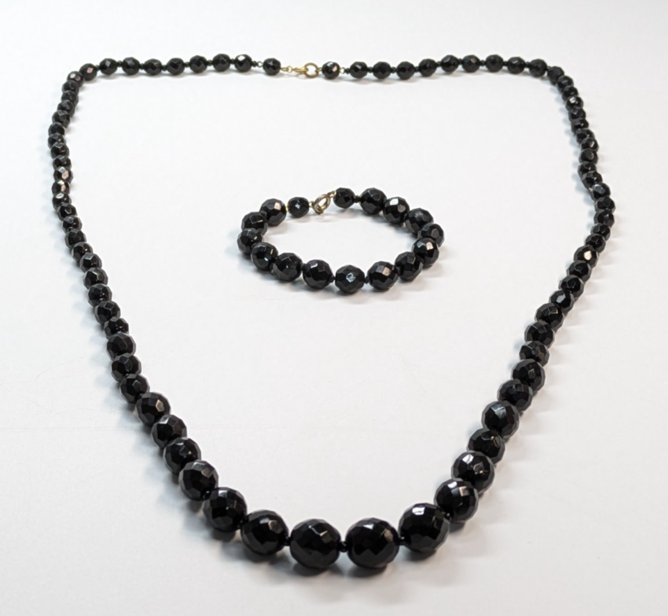 VTG French Jet Black Glass Faceted Beaded Graduated Necklace & Bracelet ...
