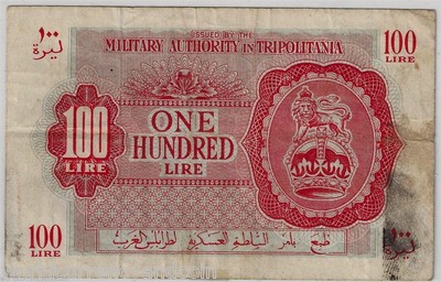 TRIPOLITANIA LIBYA 100 LIRE P-M5 1943 LION ANIMAL MIDDLE EAST ARAB ...
