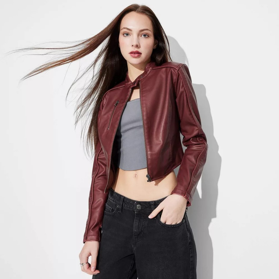 Women's Faux Leather Fitted Moto Jacket - Wild Fable Red XXS | eBay