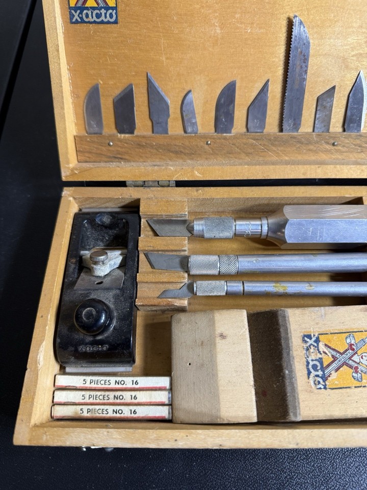 Vintage 1950's X-acto knife set Original wood box Plane Draw knife Deluxe Set | eBay