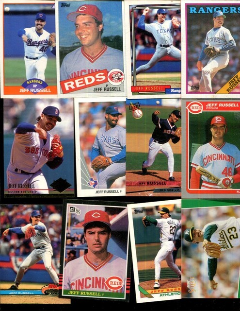 JEFF RUSSELL LOT OF 41 ALL DIFFERENT BASEBALL CARDS RANGERS REDS RED ...
