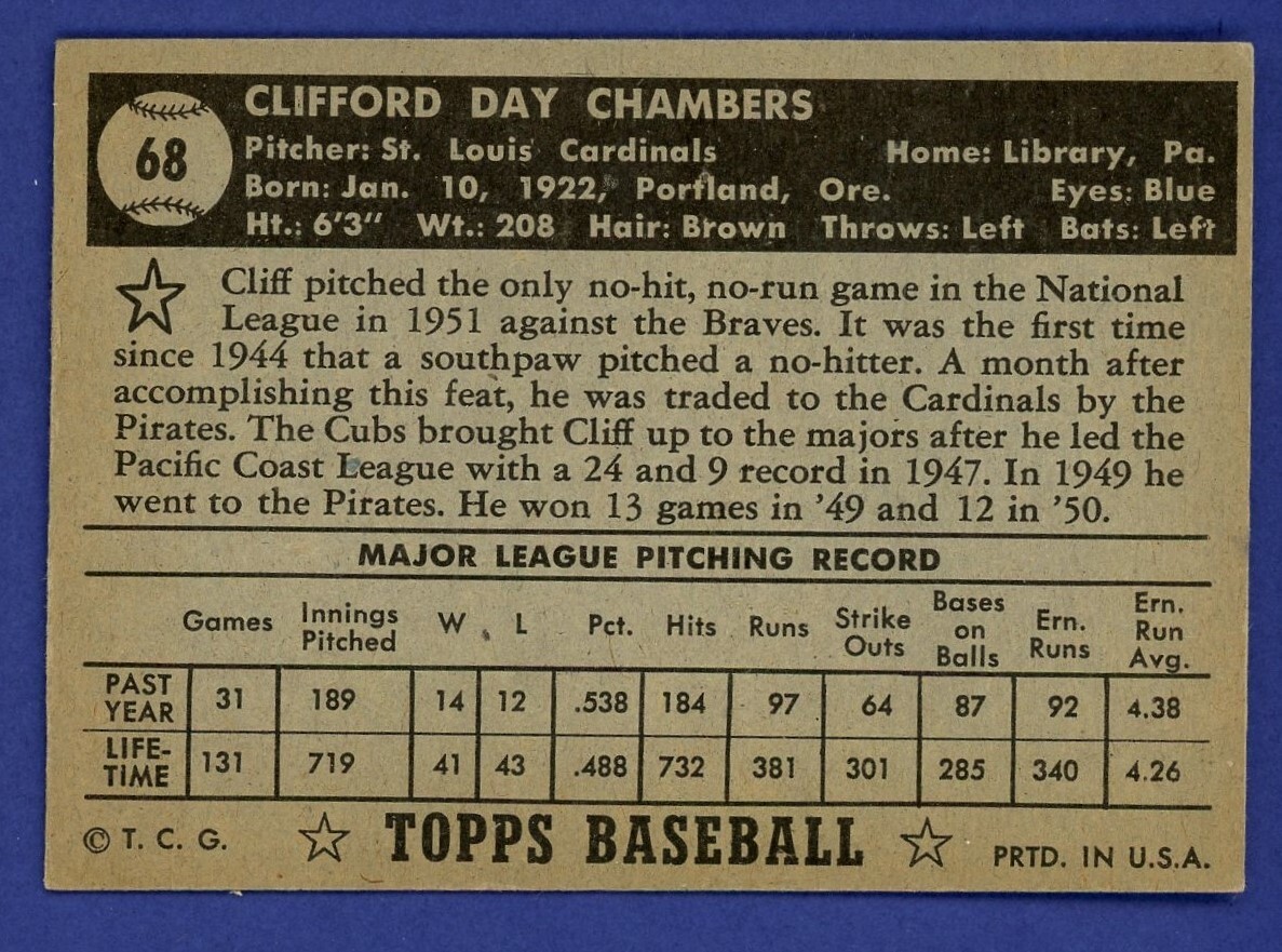 1952 Topps Cliff Chambers #68 Black Back NM | eBay