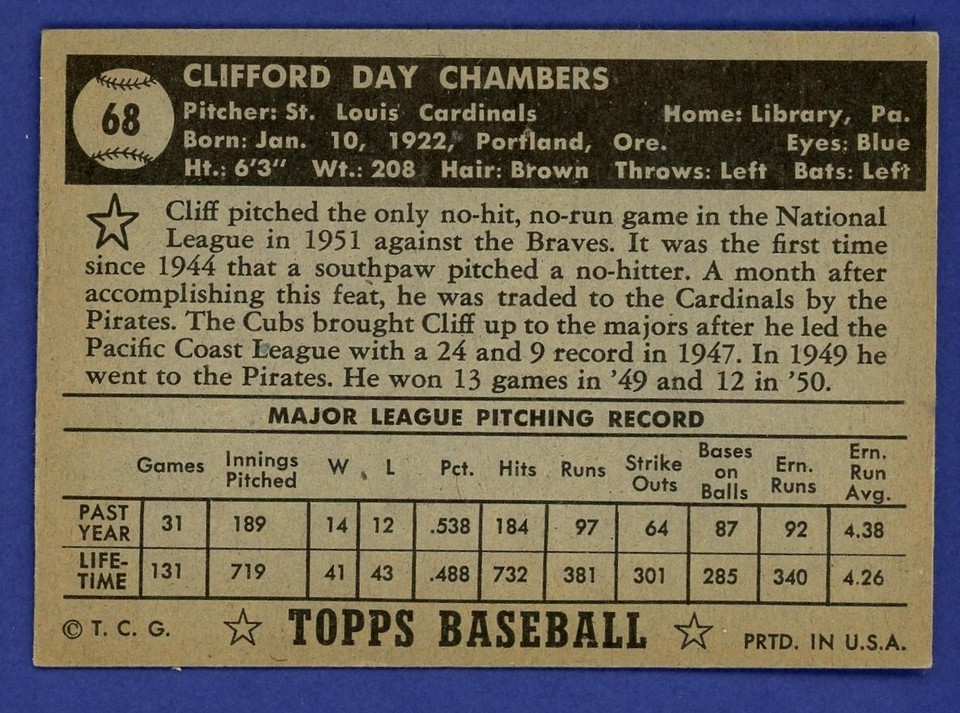 1952 Topps Cliff Chambers #68 Black Back NM | eBay