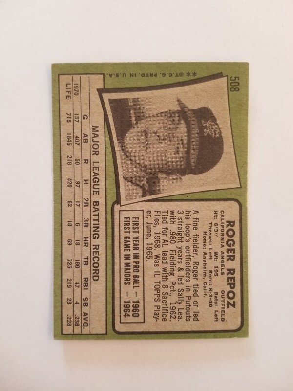 ROGER REPOZ 1971 TOPPS BASEBALL CARD #508 CALIFORNIA ANGELS | eBay