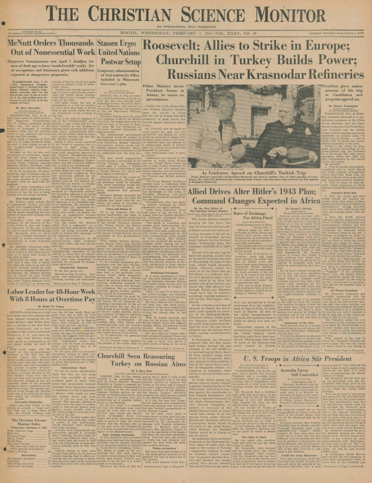February 3, 1943 WWII Original Birthday Int. Newspaper - CHURCHILL FDR ...
