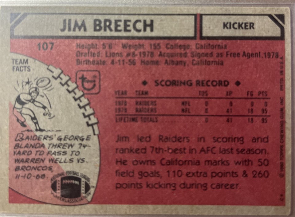 1980 TOPPS CARD # 107 JIM BREECH NM-MT Condition | eBay