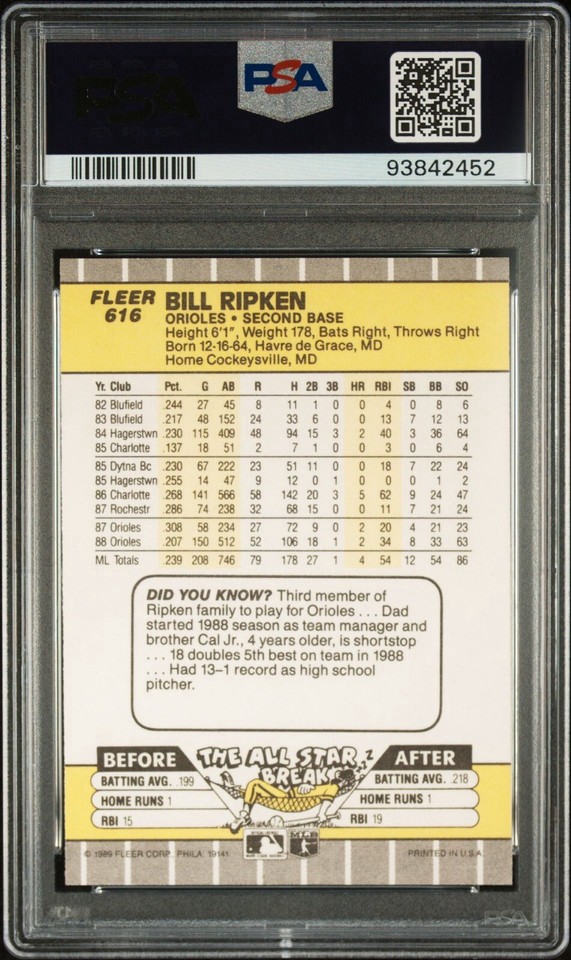 1989 Fleer #616 Bill Ripken Black Scribble Over FF Error PSA 9 Mint ...