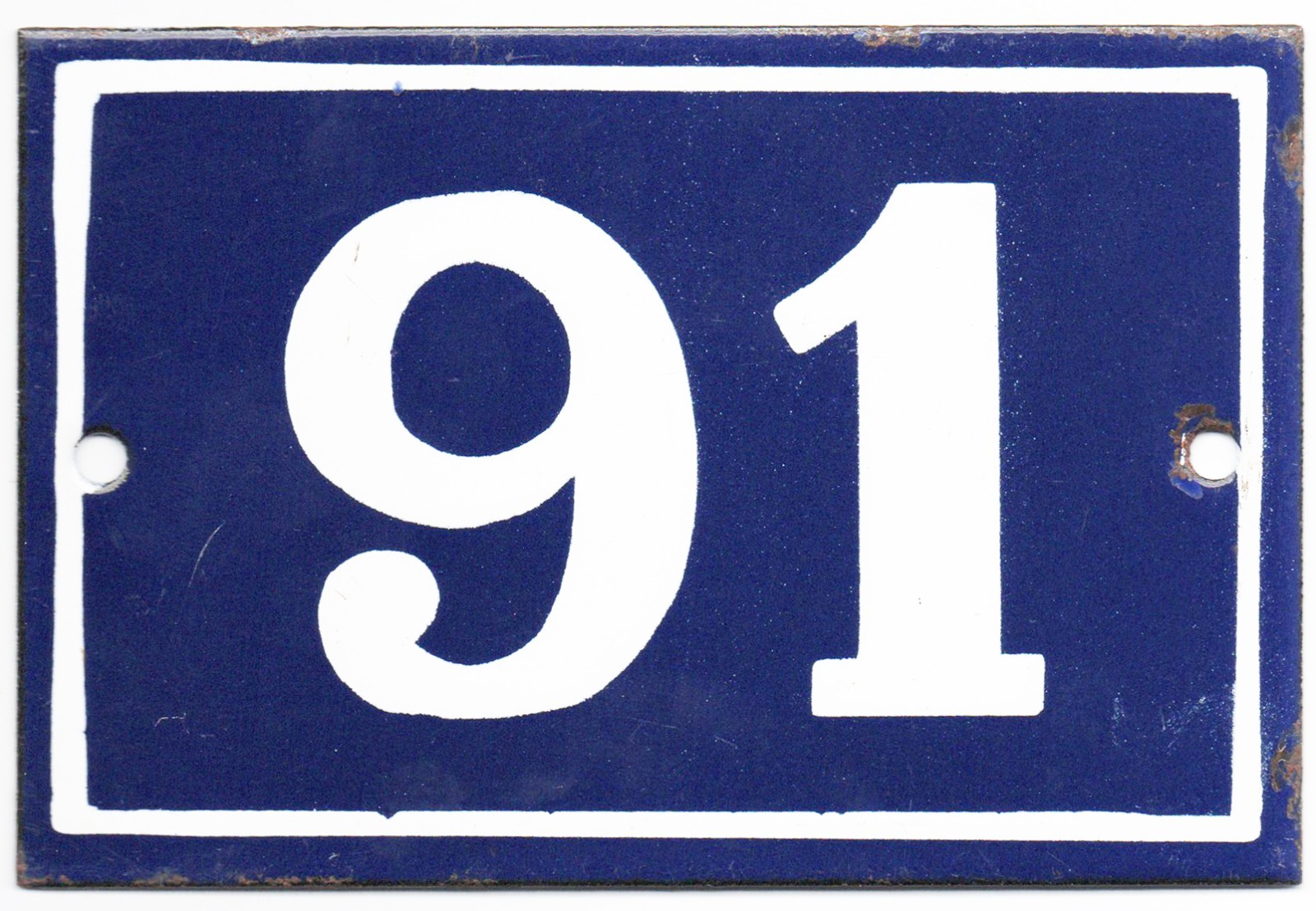 Old blue French house number 91 door gate plate plaque enamel steel ...