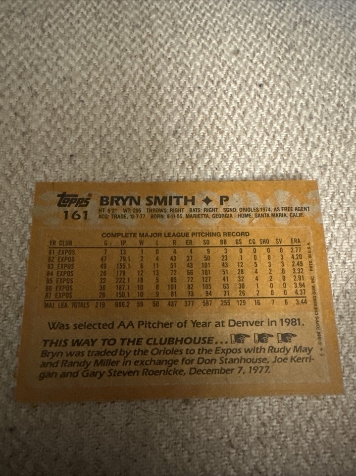 1988 Topps Baseball Card Bryn Smith Montreal Expos #161 | eBay