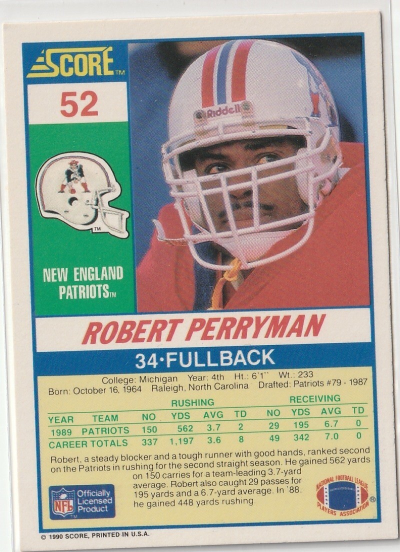 1990 Score #52 Robert Perryman New England Patriots | eBay