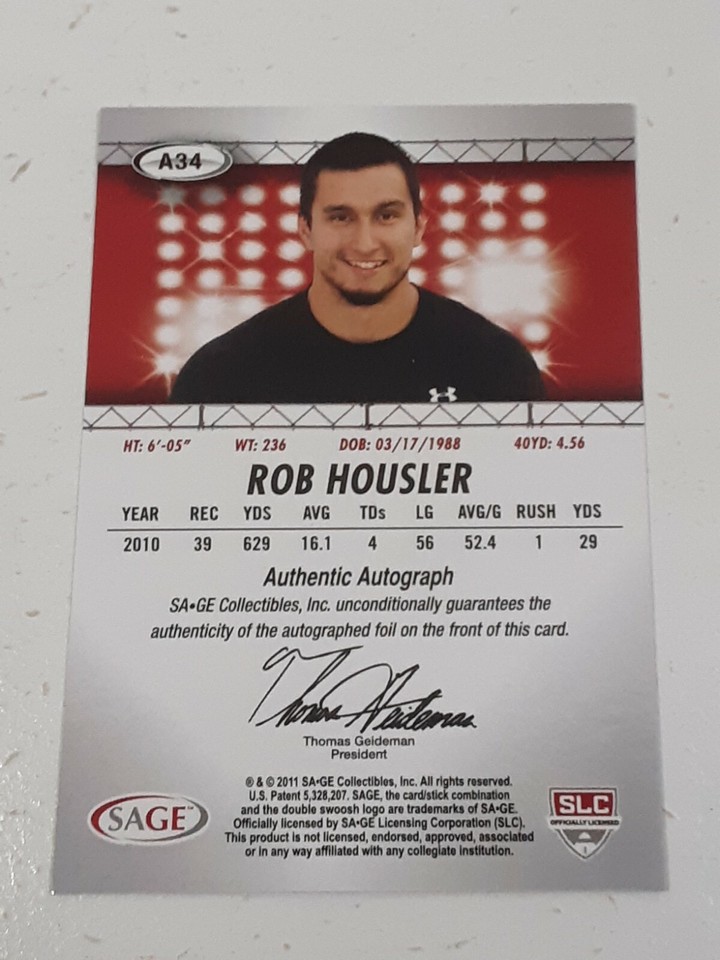 Rob Housler Arizona Cardinals 2011 Sage Hit Certified Autograph Card # ...