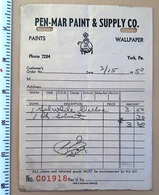 PEN-MAR PAINT & SUPPLY COMPANY RECEIPT YORK PA MARCH 15, 1950 C01918 | eBay