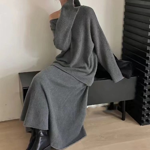 Womens 2pcs set Top Skirt Knit Sweater Knitwear Loose Fit Oversize ...