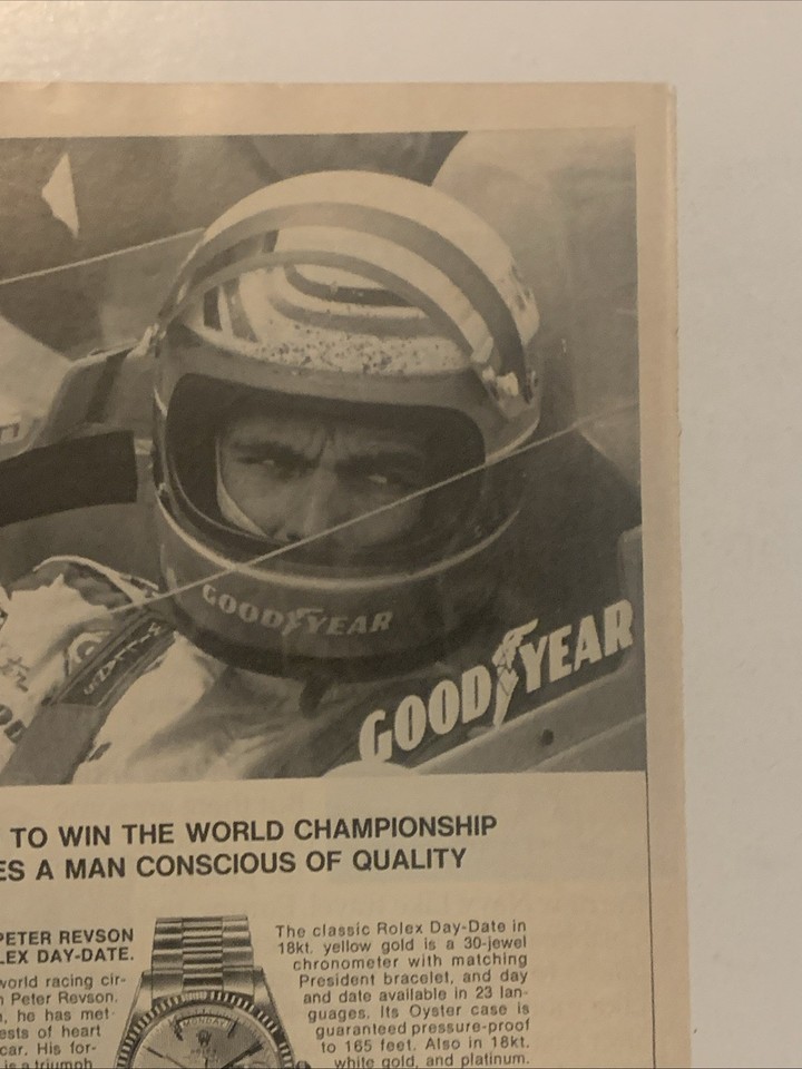 1973 Rolex Day-Date Watch PRINT AD Peter Revson Formula 1 Auto Racing ...