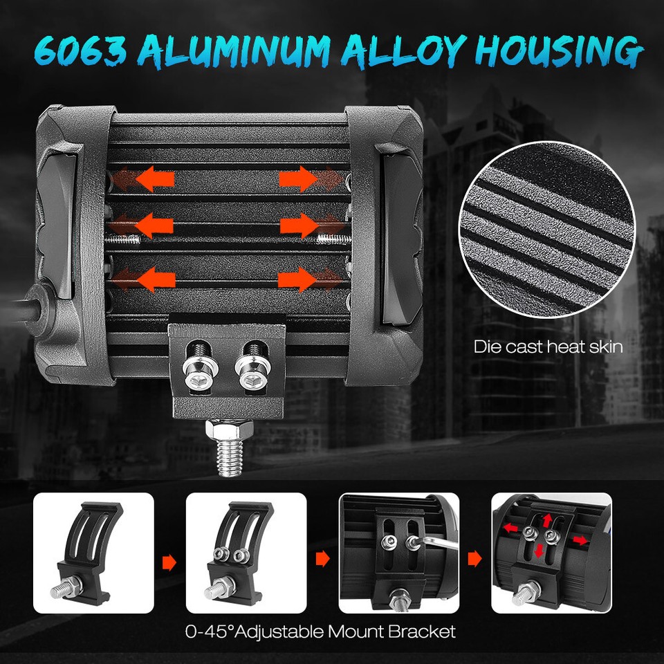 2X 4" LED Light Bar Spot Pods Wire Kit Rear Driving For Polaris Ranger ...