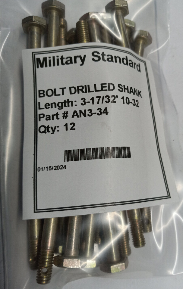 AN Part # AN3-34 Length: 3-17/32' 10-32, BOLT drilled shank (12/PACK ...