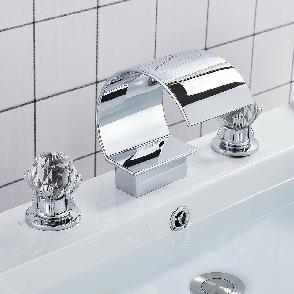 Modern Chrome Waterfall Bathroom Sink Faucet Brass Dual Crystal Handle ...