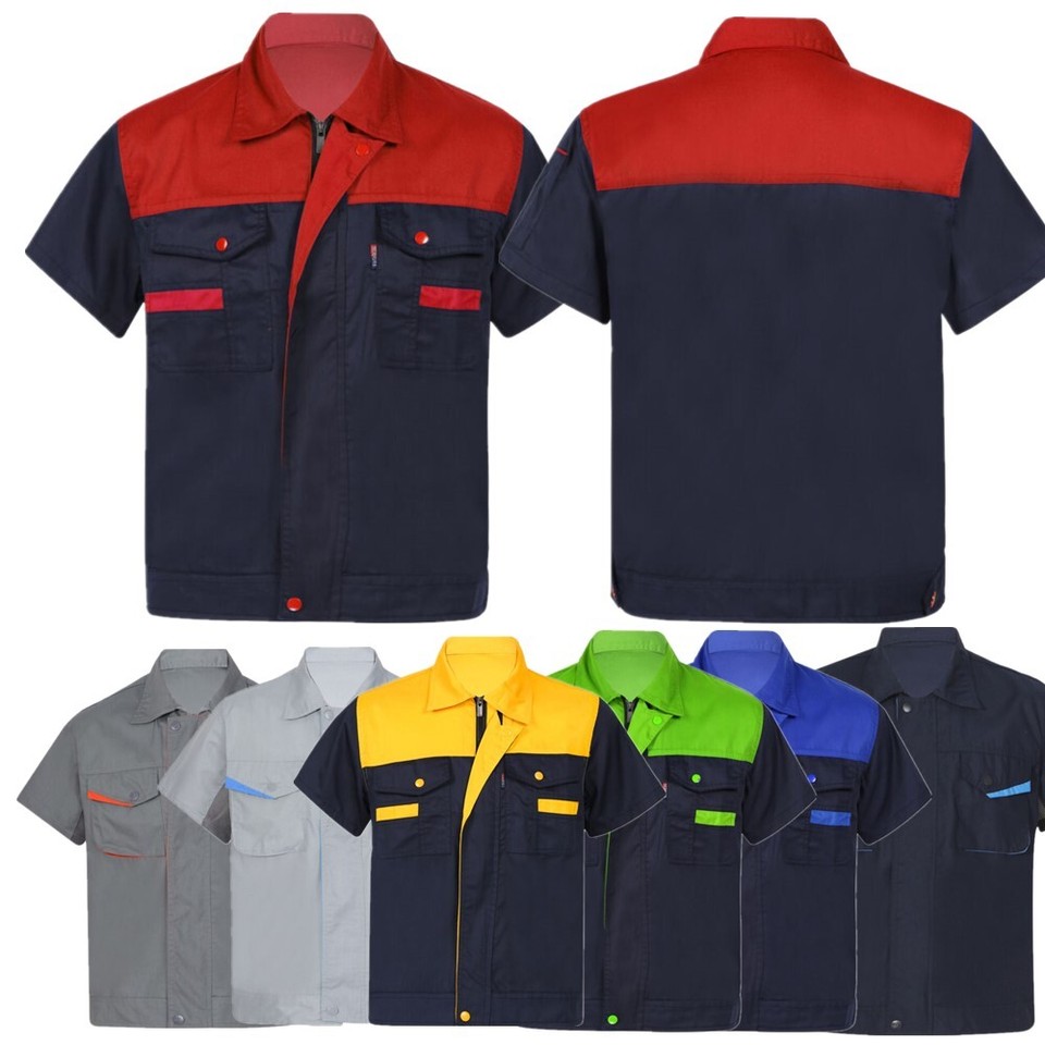 Mens Work Shirt Color Block Turn-Down Collar Workwear Motor Mechanic ...