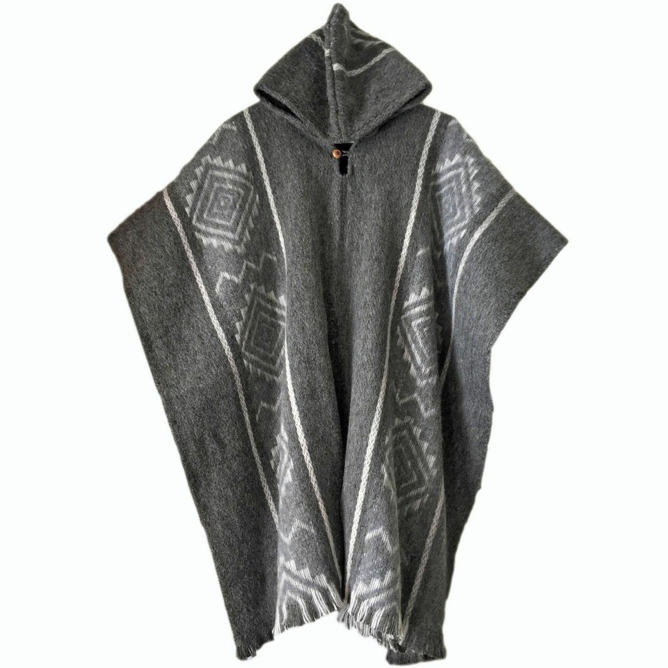 LLAMA WOOL MENS CAPE HOODED PONCHO COAT JACKET HANDWOVEN OTAVALO ...
