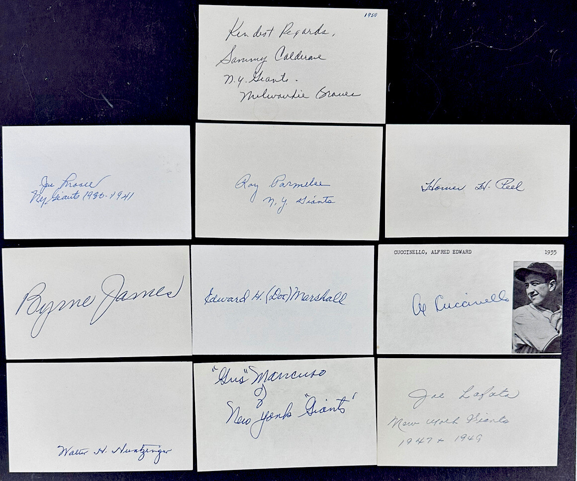 NY SF Giants Lot of 10 signed 3x5 Index Card Gus Mancuso Roy Parmelee ...