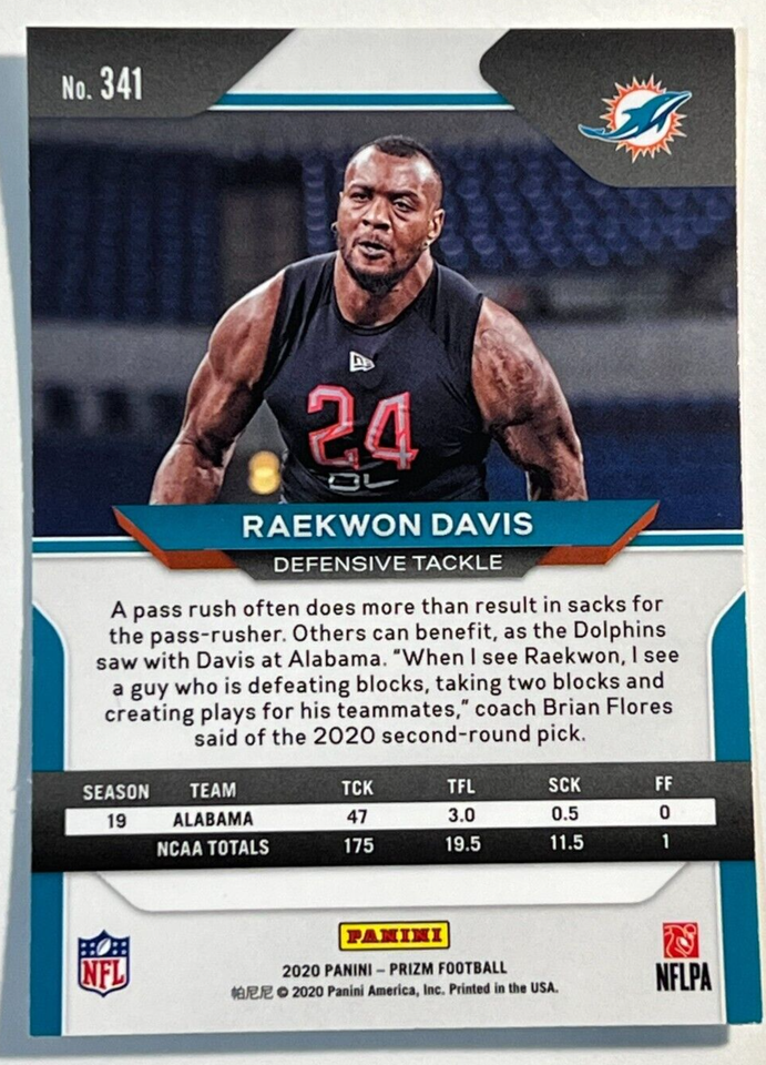 2020 Panini Prizm Football RC Rookie #341 Raekwon Davis Miami Dolphins ...