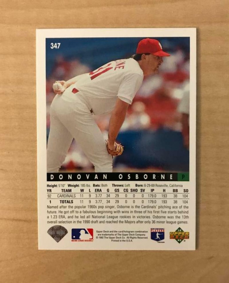 DONOVAN OSBORNE ST. LOUIS CARDINALS SIGNED 1993 UPPER DECK CARD #347 W ...