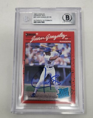 JUAN GONZALEZ 1990 DONRUSS ERROR RATED ROOKIE SIGNED CARD BECKETT BAS ...