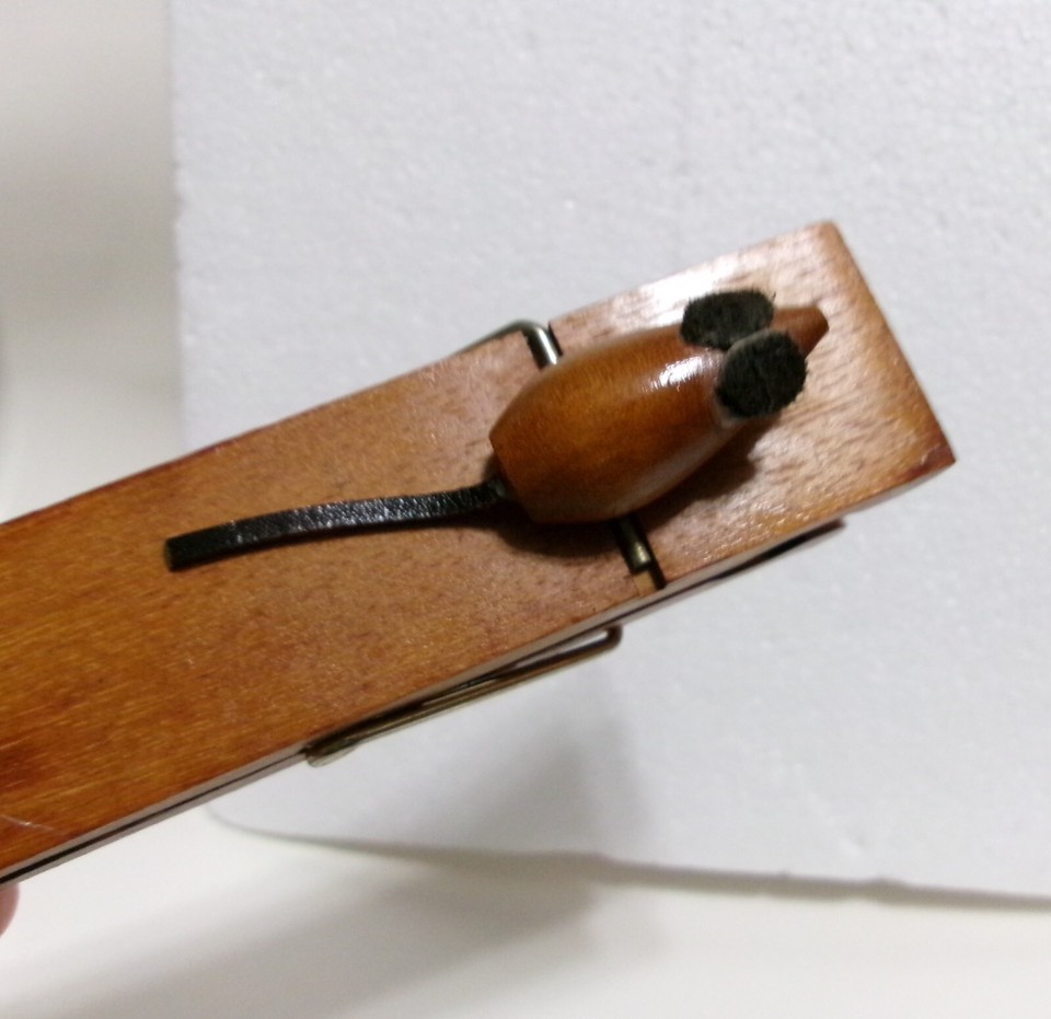 Vintage Jumbo Walnut Wood Clothes Pin CHIP Clip 2" MOUSE Finial Leather ...